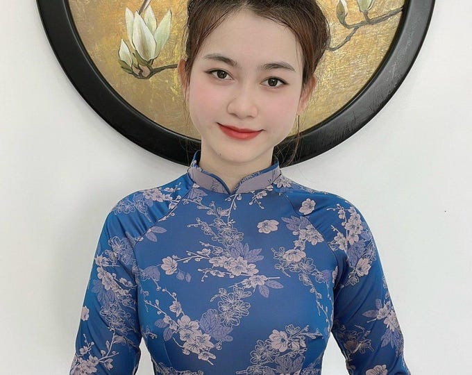 Ao Dai Lua Thai Tuan Blue Color/ Ao Dai Design With Crystal ...