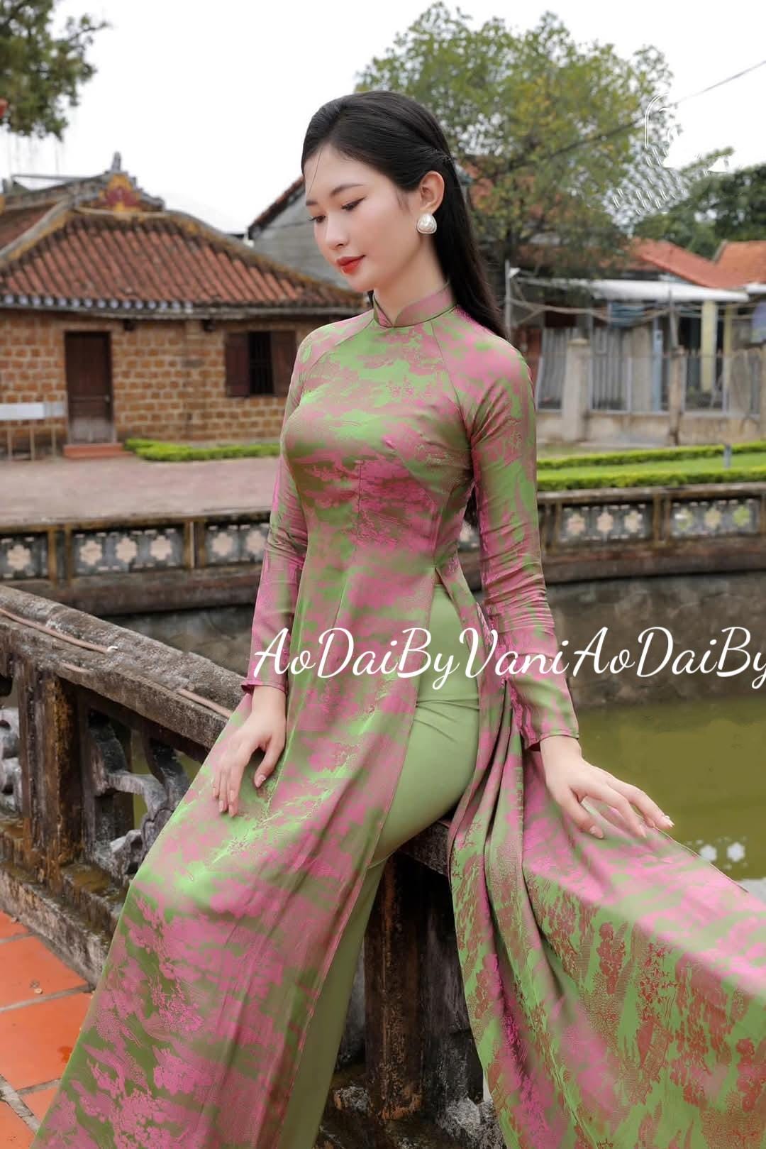 NHAT HA Set Ao Dai Gam Tơ Tam Thai Tuan/luxury Green and Pink Color/pre ...