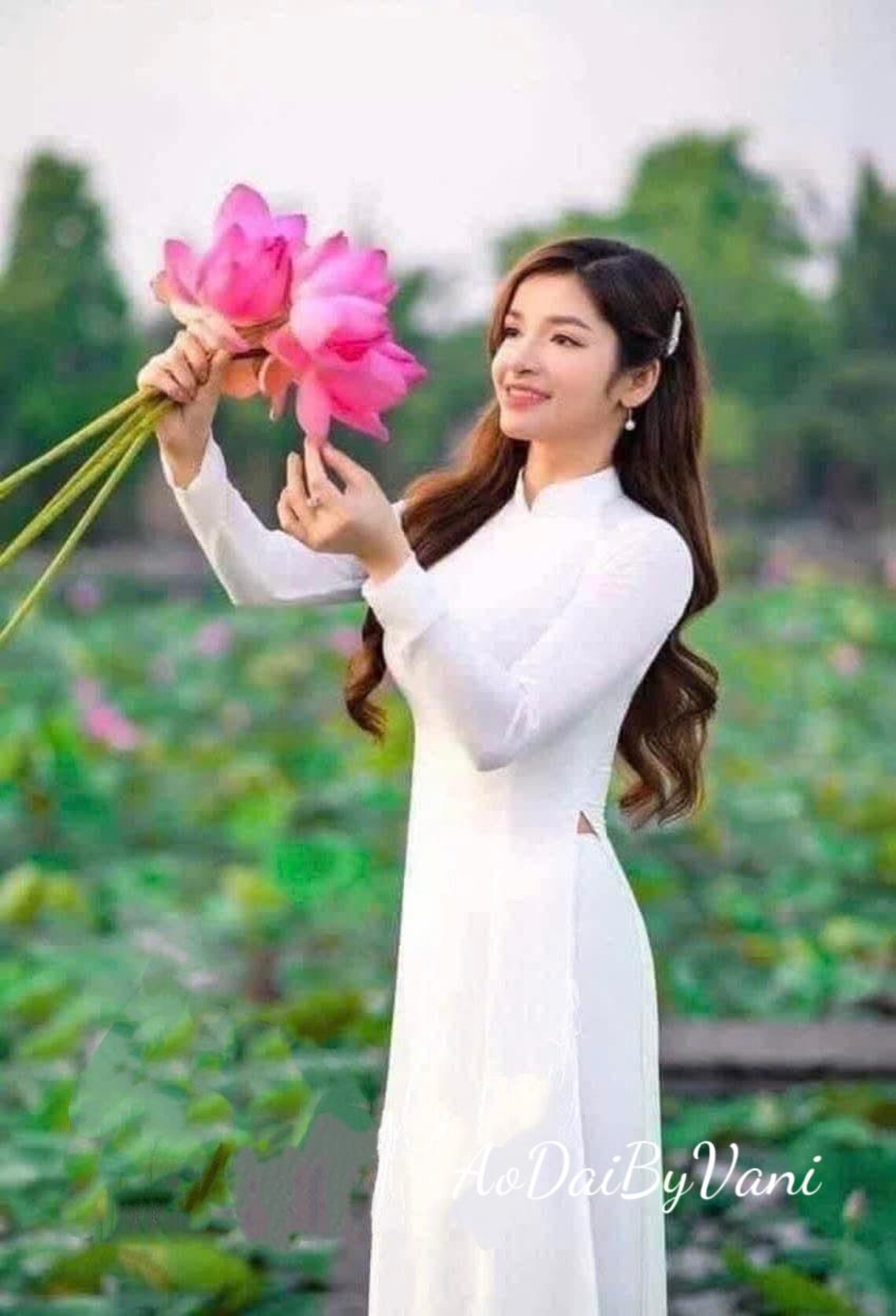 White Ao Dai Dress With Pants Lua Thai Tuan 2 Layers, Crystal Accents ...