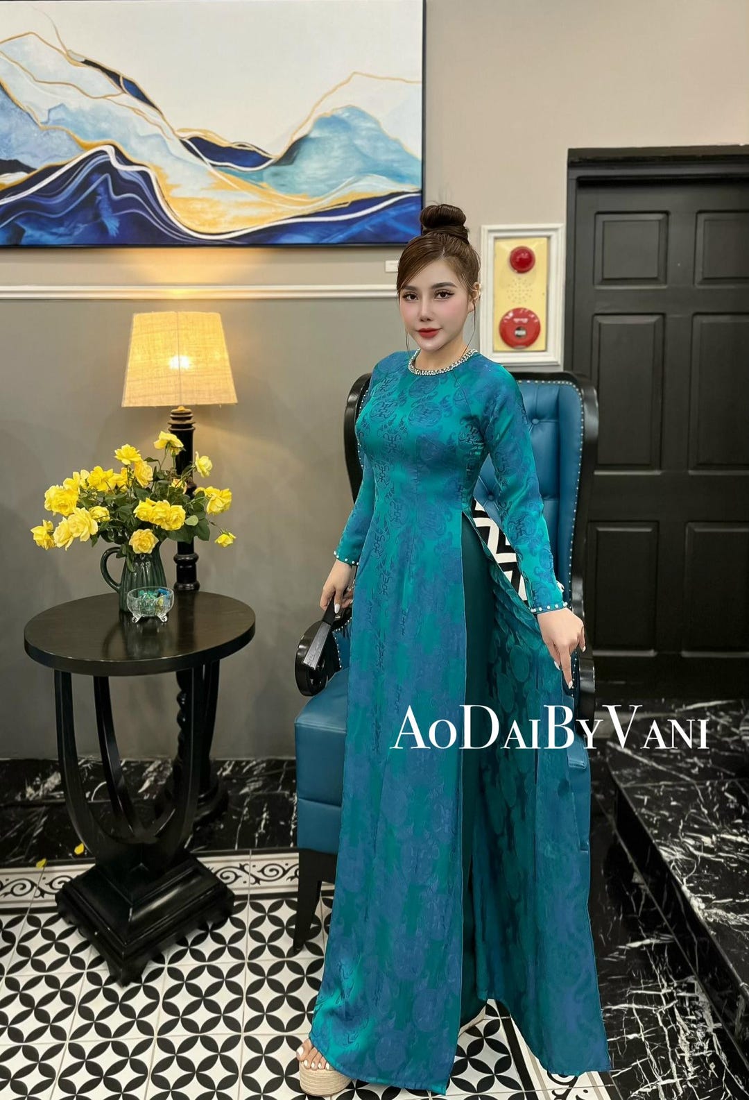 Set Ao Dai Lua Thai Tuan Blue Navy Color/ Ao Dai Design With Crystal ...