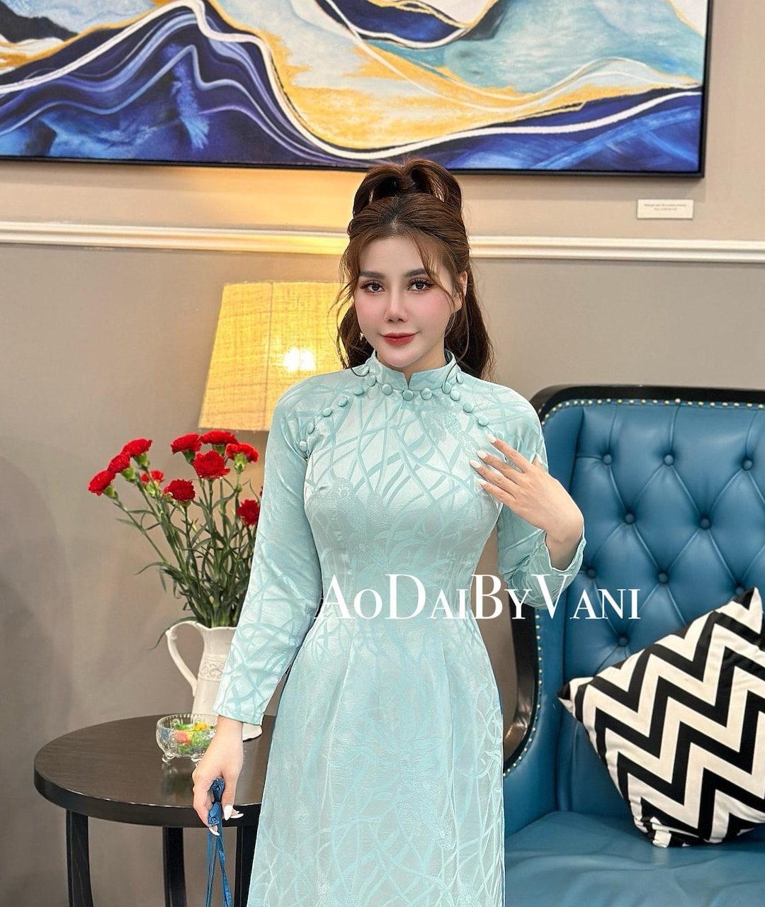 Ao Dai Lua Thai Tuan Blue / Ao Dai Design With Flowers Print ...