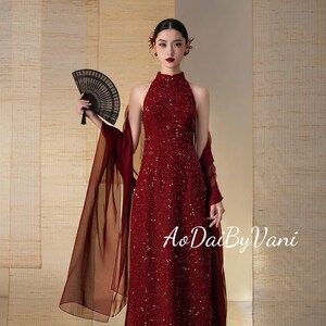 HUYET MAI Set Ao Dai Squine Fabric Double Layers Red Color/ao Dai ...