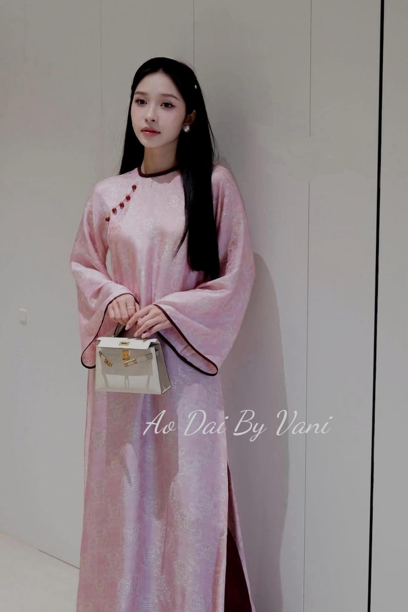 XUAN THI Set Ao Dai Lua to Tam Long Phung Light Pink Color/loose Style ...