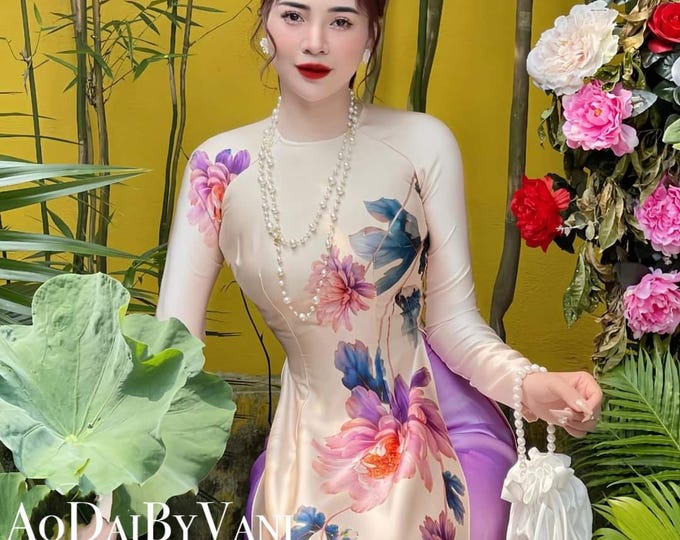 Ao Dai Lua Thai Tuan Cream Color With Design Flowers/ Traditional Long ...