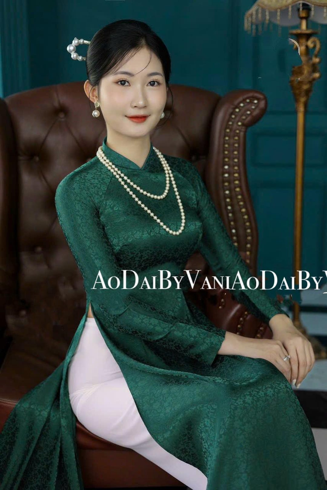 Ao Dai Lua Tra Mi Green Color/ Ao Dai Design With Crystal/ Traditional ...