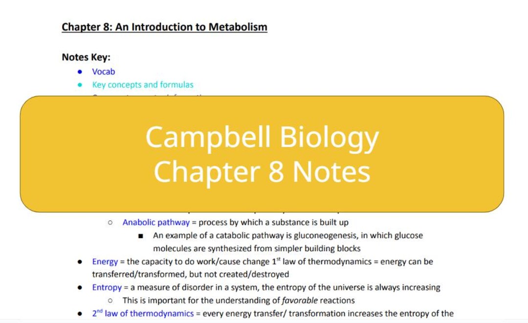 Campbell Chapter 8 Notes | an Introduction to Metabolism | Honors and ...