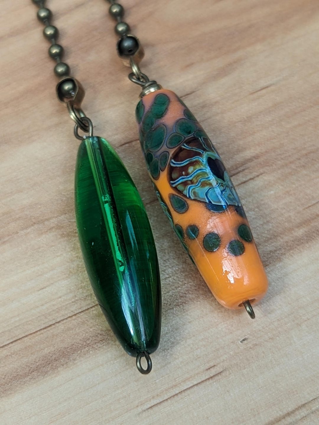 Green + Orange Ceiling Fan Pulls, Decorative Chain Pulls, Art Glass Fan ...