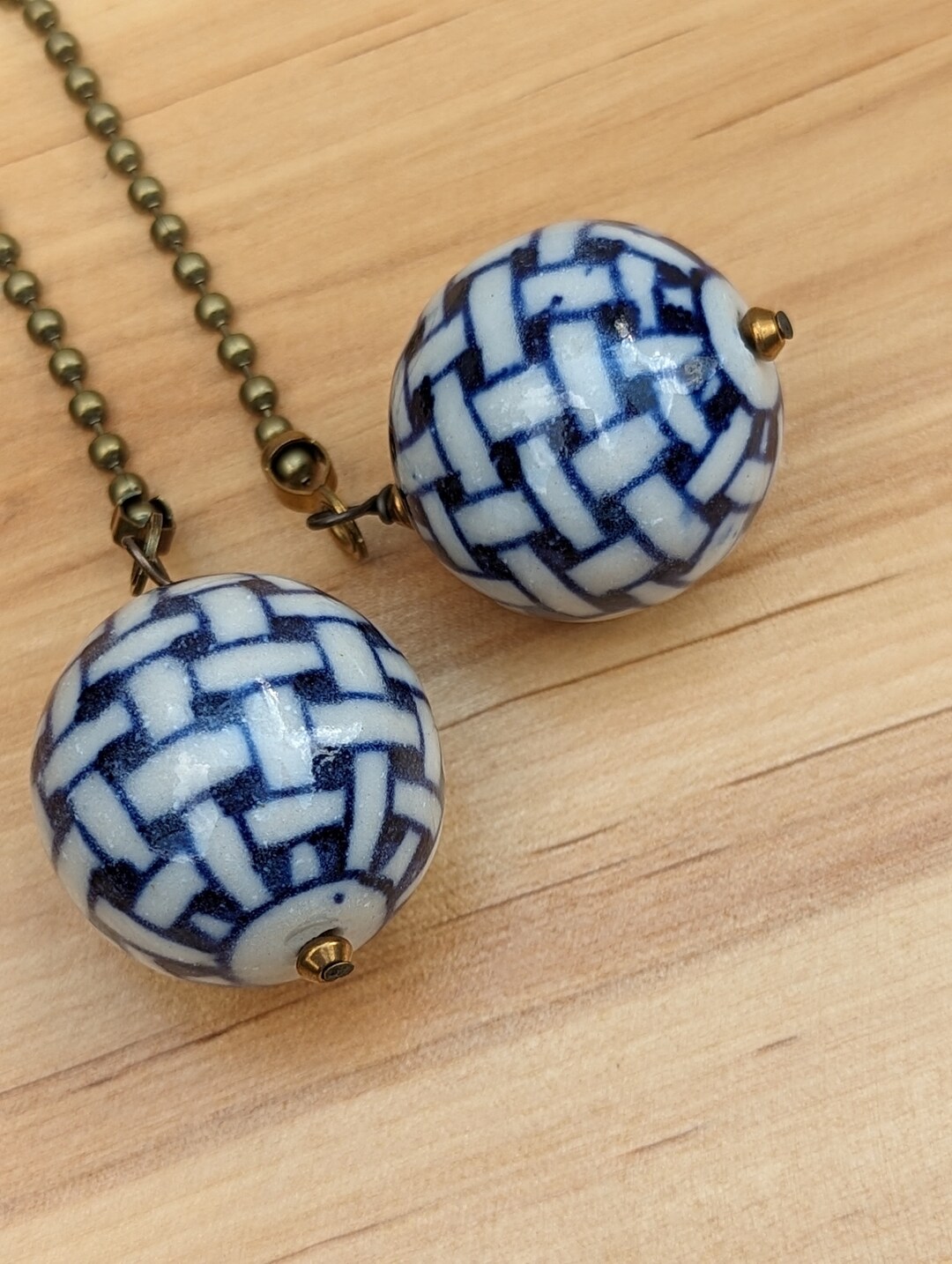 Basket Weave Pottery Blue + White Chain Pulls, Antique Brass Ceiling ...