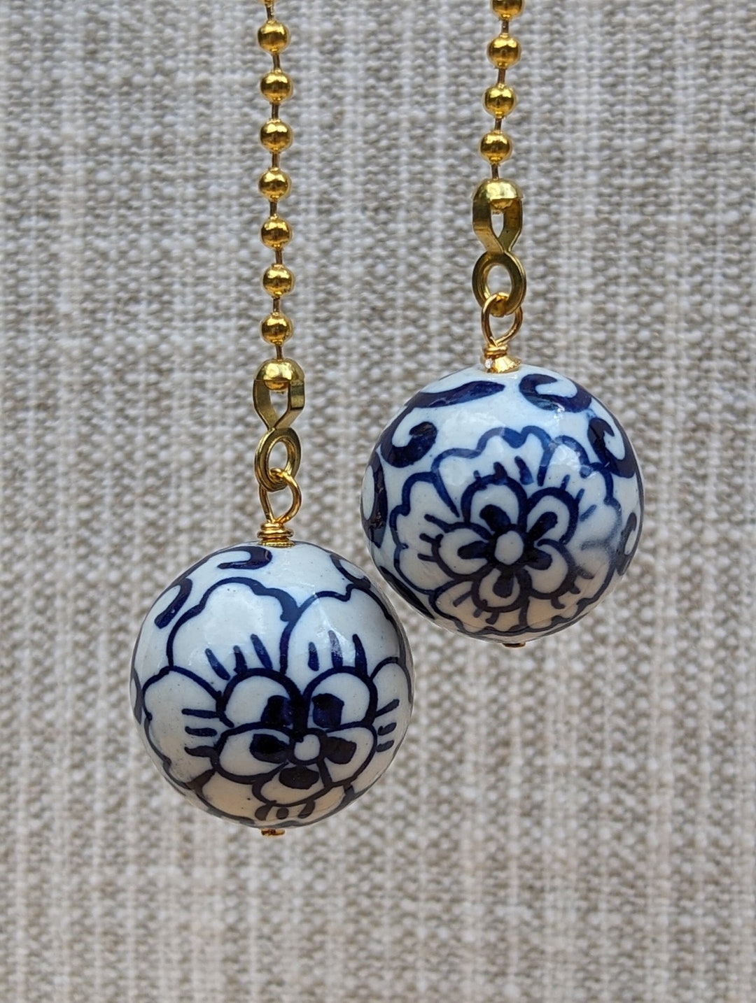 Blue & White Pottery Ceiling Fan Pulls: Gold Tone Chains, Floral Decor ...