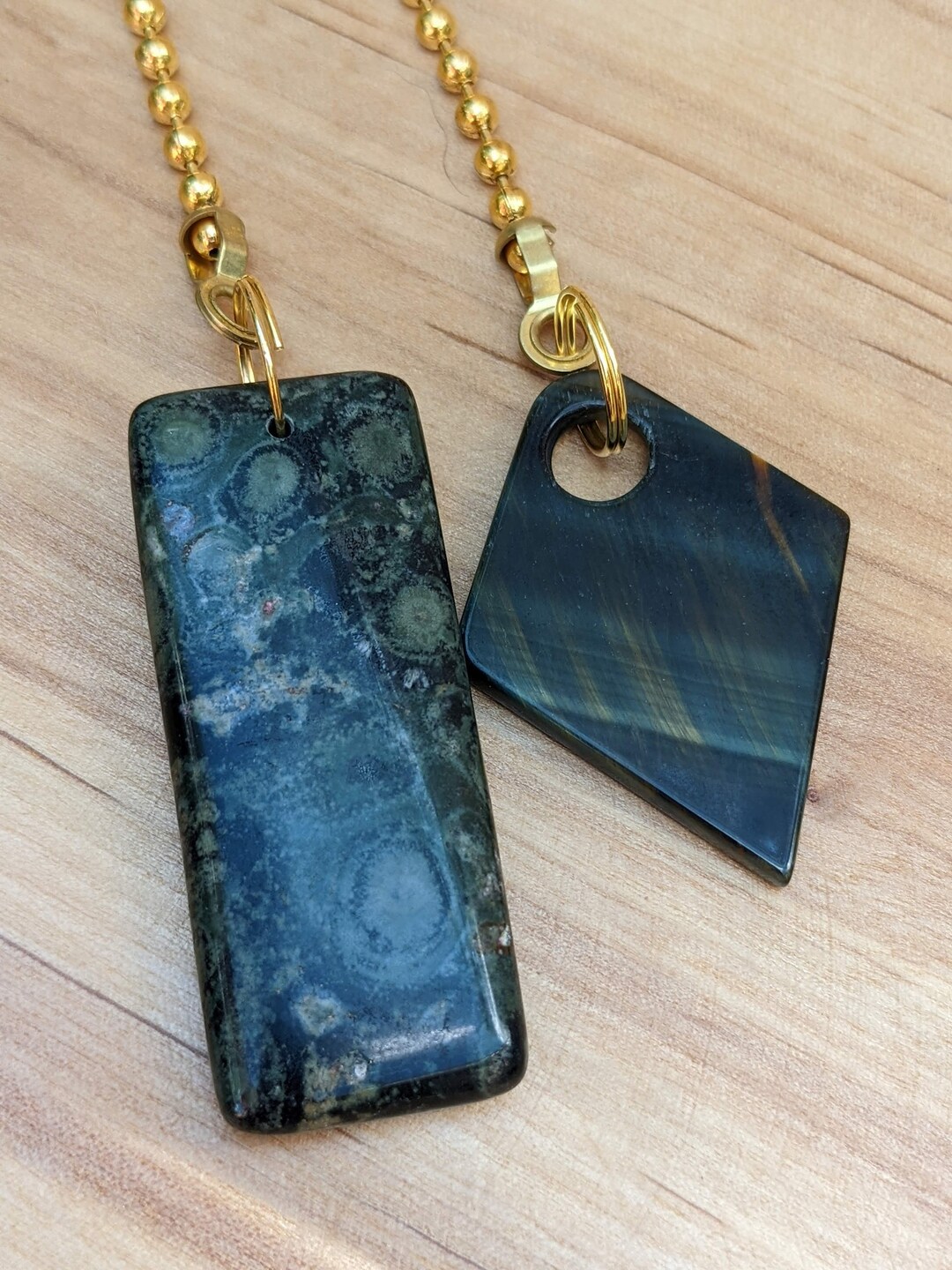 Stone Ceiling Fan Pull Set, Blue Tiger's Eye + Jasper Fan Pull Chain ...