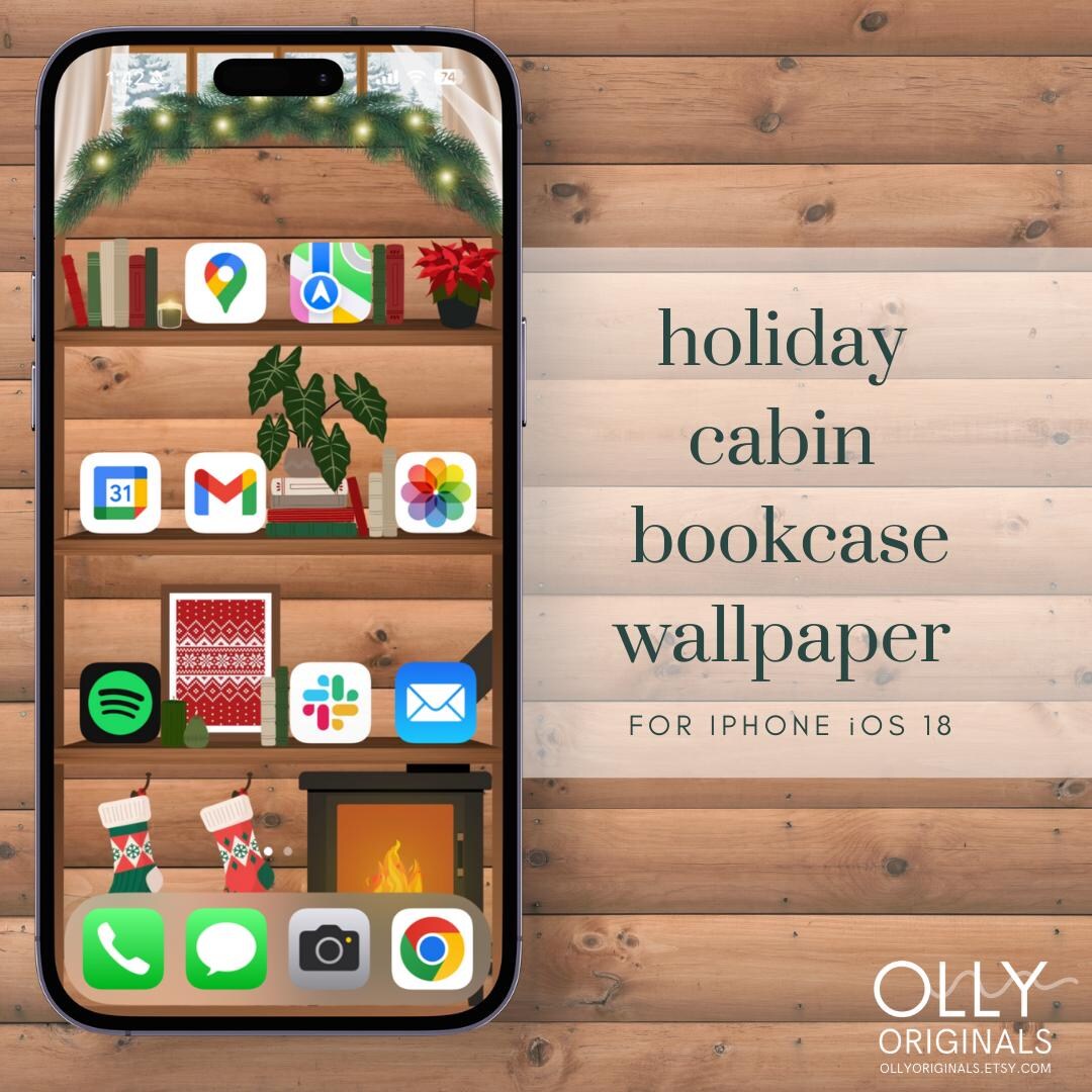 Holiday Cabin Bookcase iPhone Wallpaper | Digital Background for Ios 26 ...