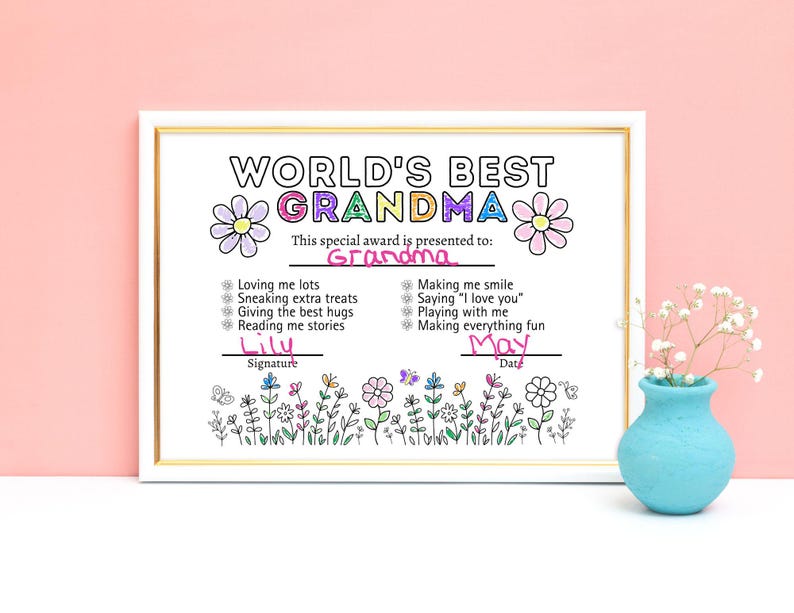 Mothers Day Craft Grandma Gift From Grandkid Best Grandma Certificate ...