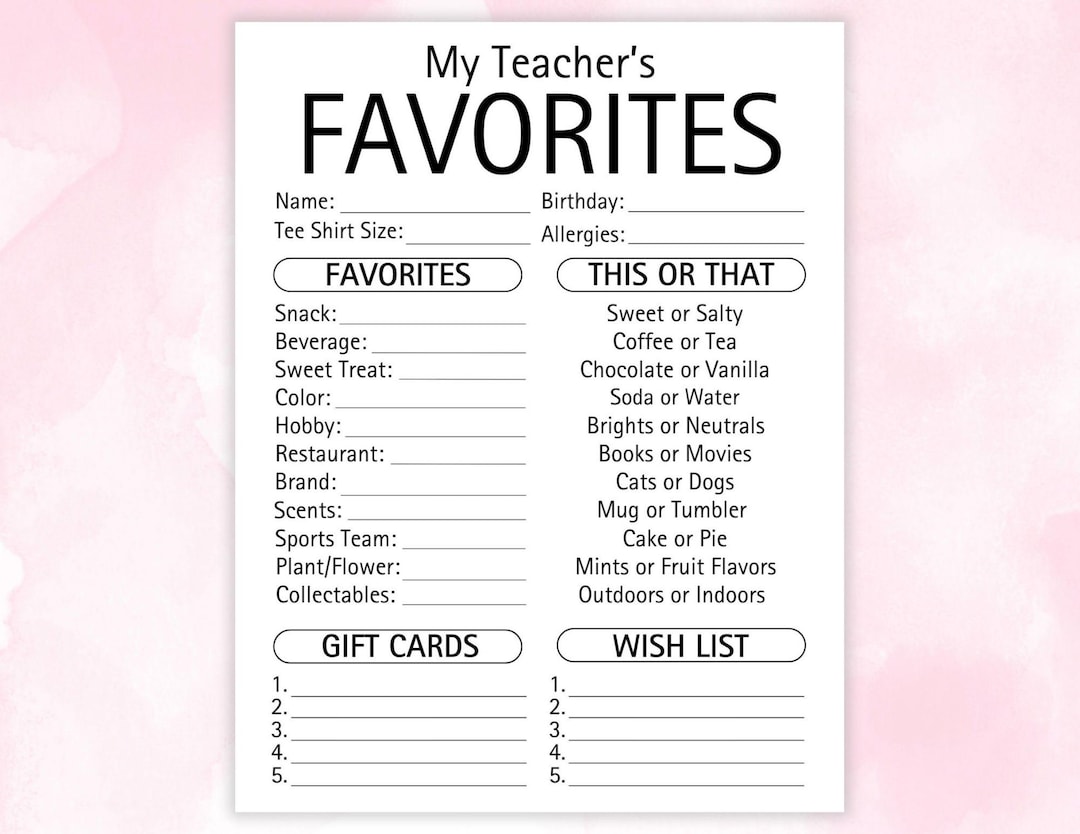 All About My Teacher Printable PDF, My Teacher Favorite Things, Teacher ...