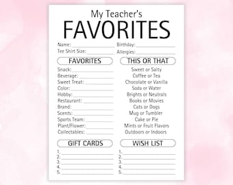 All About My Teacher Printable PDF, My Teacher Favorite Things, Teacher ...