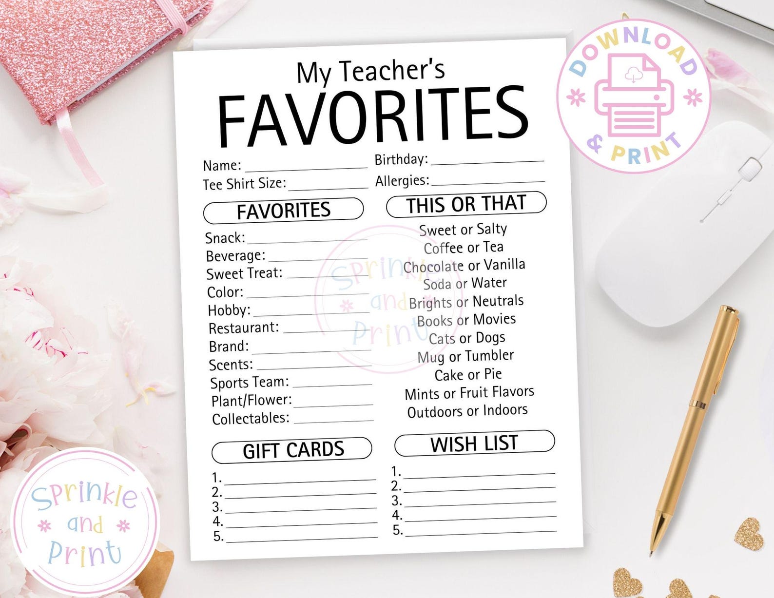 All About My Teacher Printable PDF, My Teacher Favorite Things, Teacher ...