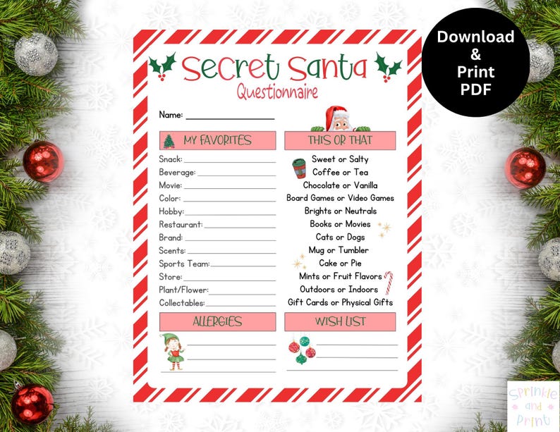 Secret Santa Printable, Secret Santa Questionnaire for Coworkers ...