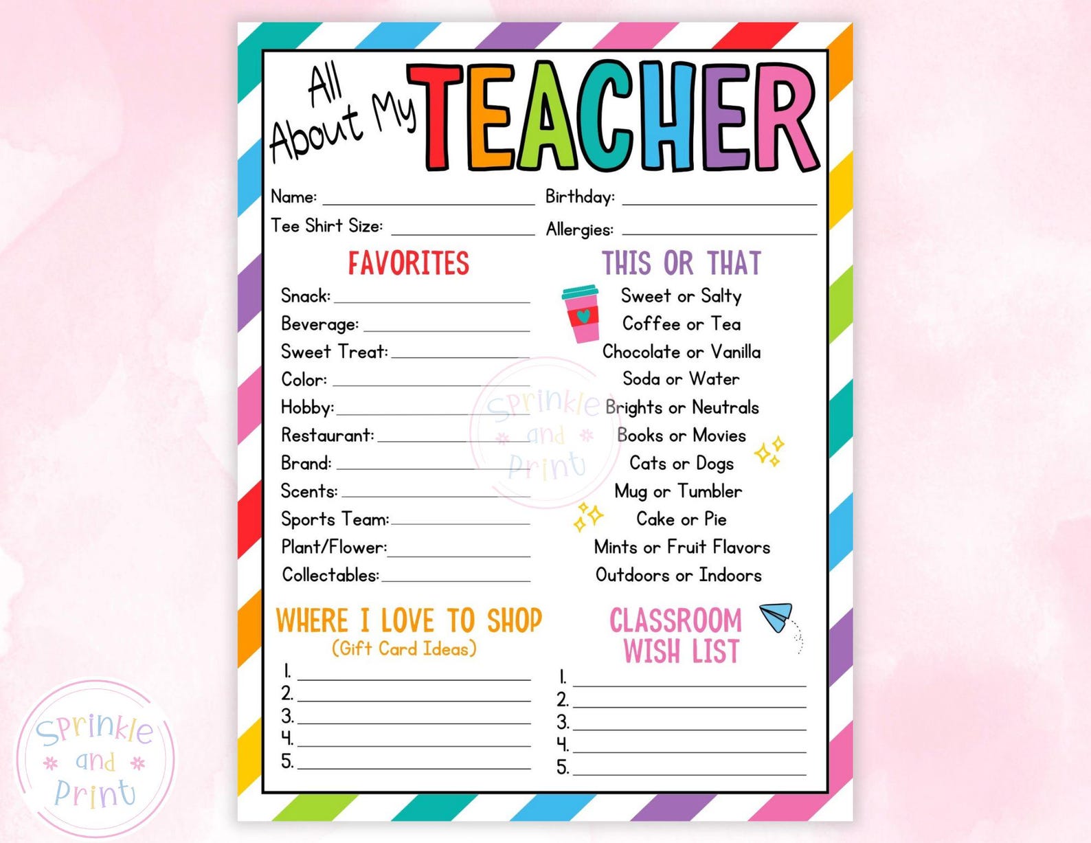 All About My Teacher Printable PDF, My Teacher Favorite Things, Teacher ...