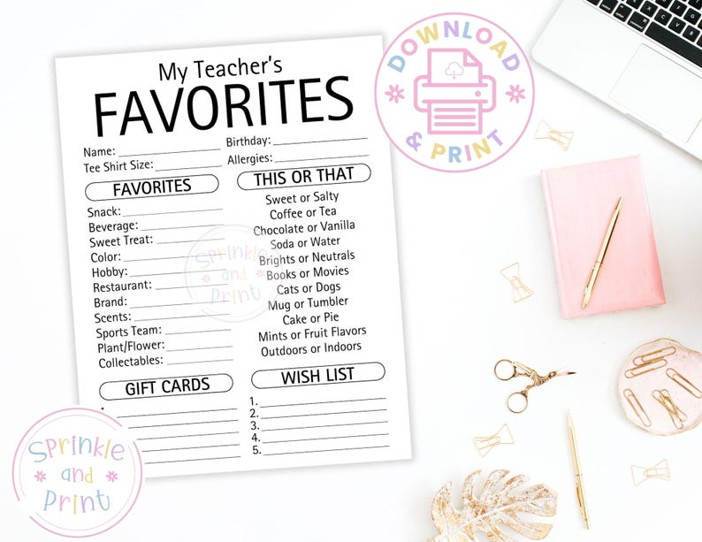 All About My Teacher Printable PDF, My Teacher Favorite Things, Teacher ...