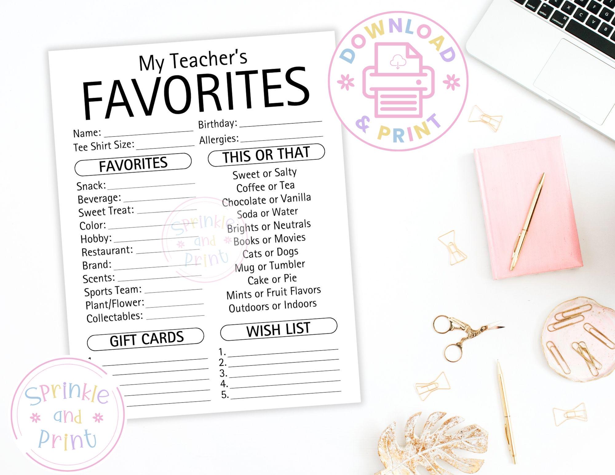 All About My Teacher Printable PDF, My Teacher Favorite Things, Teacher ...