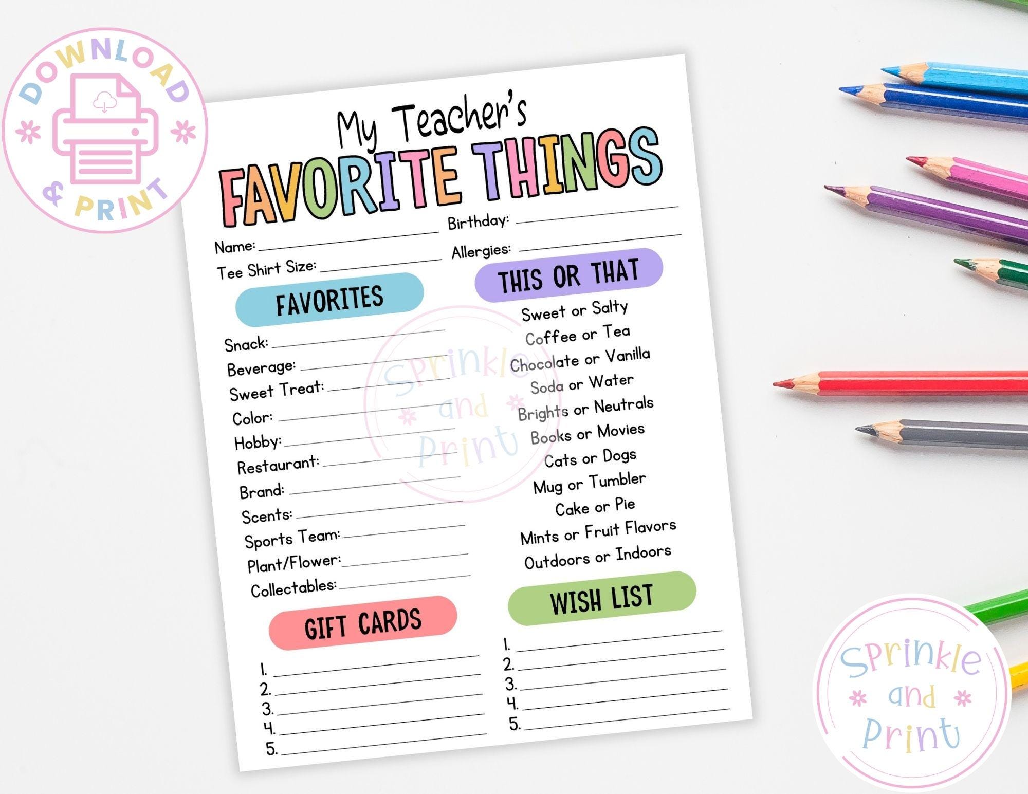 All About My Teacher Printable PDF, My Teacher Favorite Things, Teacher ...