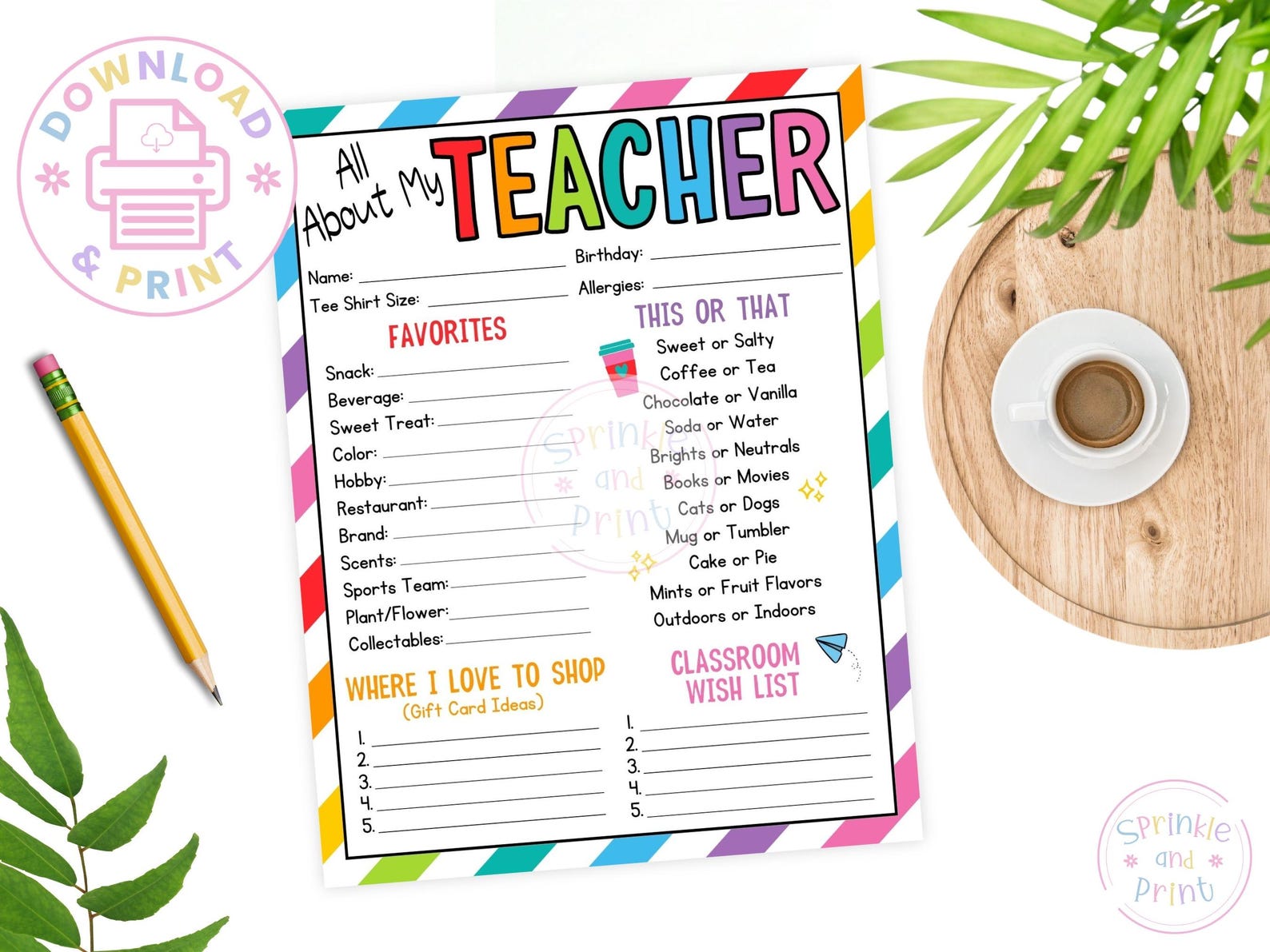 All About My Teacher Printable PDF, My Teacher Favorite Things, Teacher ...