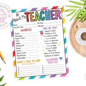All About My Teacher Printable PDF, My Teacher Favorite Things, Teacher ...