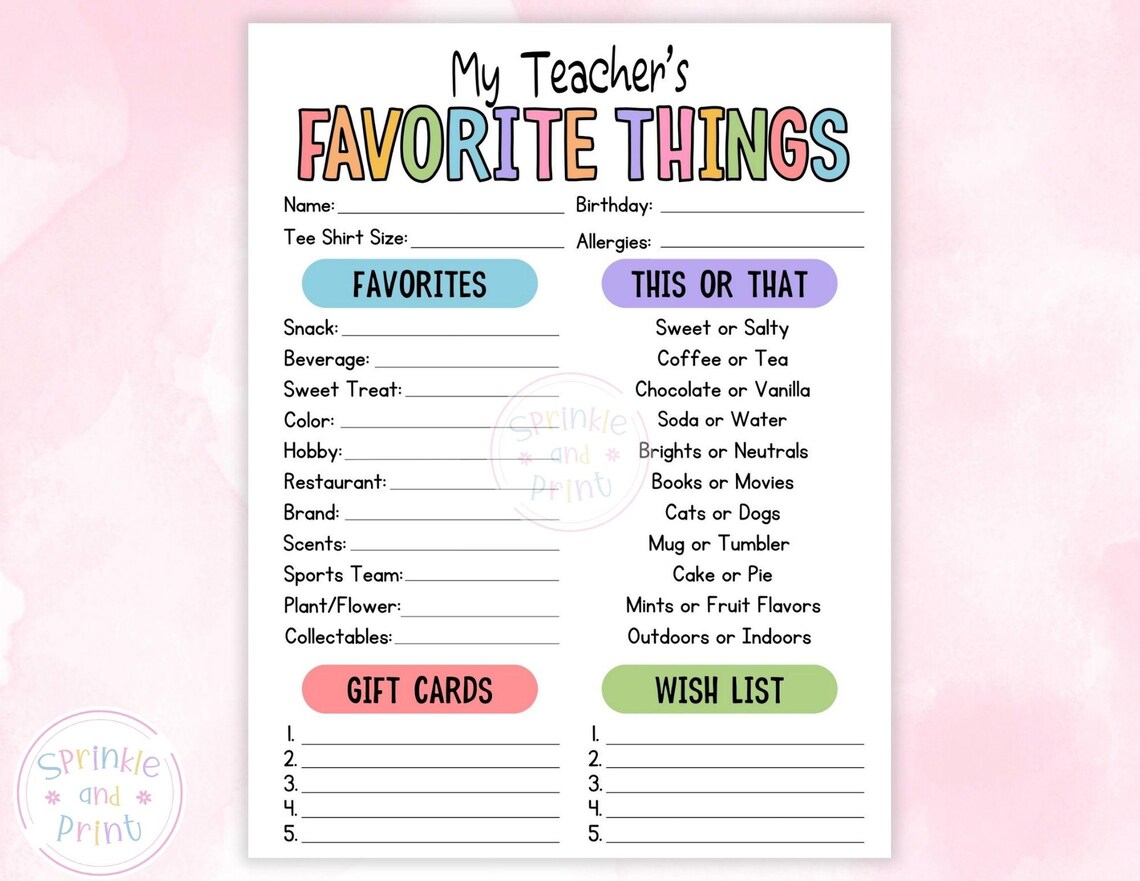 All About My Teacher Printable PDF, My Teacher Favorite Things, Teacher ...