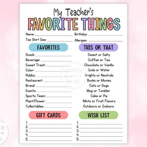 All About My Teacher Printable PDF, My Teacher Favorite Things, Teacher ...