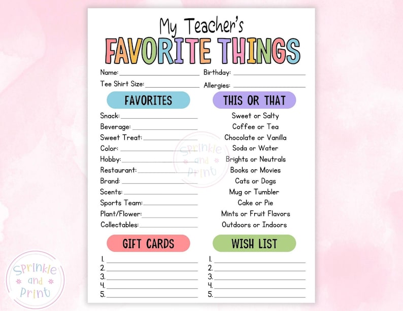 All About My Teacher Printable PDF, My Teacher Favorite Things, Teacher ...