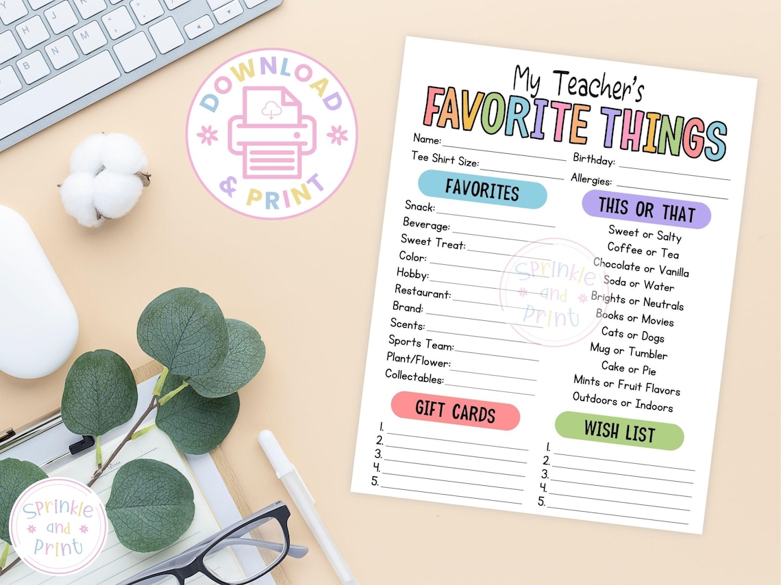 All About My Teacher Printable PDF, My Teacher Favorite Things, Teacher ...