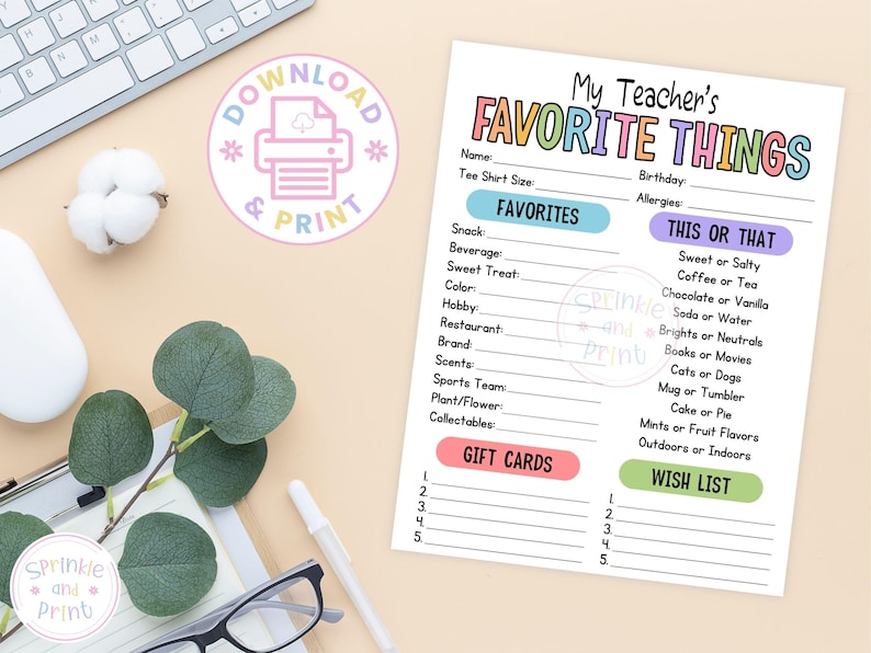 All About My Teacher Printable PDF, My Teacher Favorite Things, Teacher ...