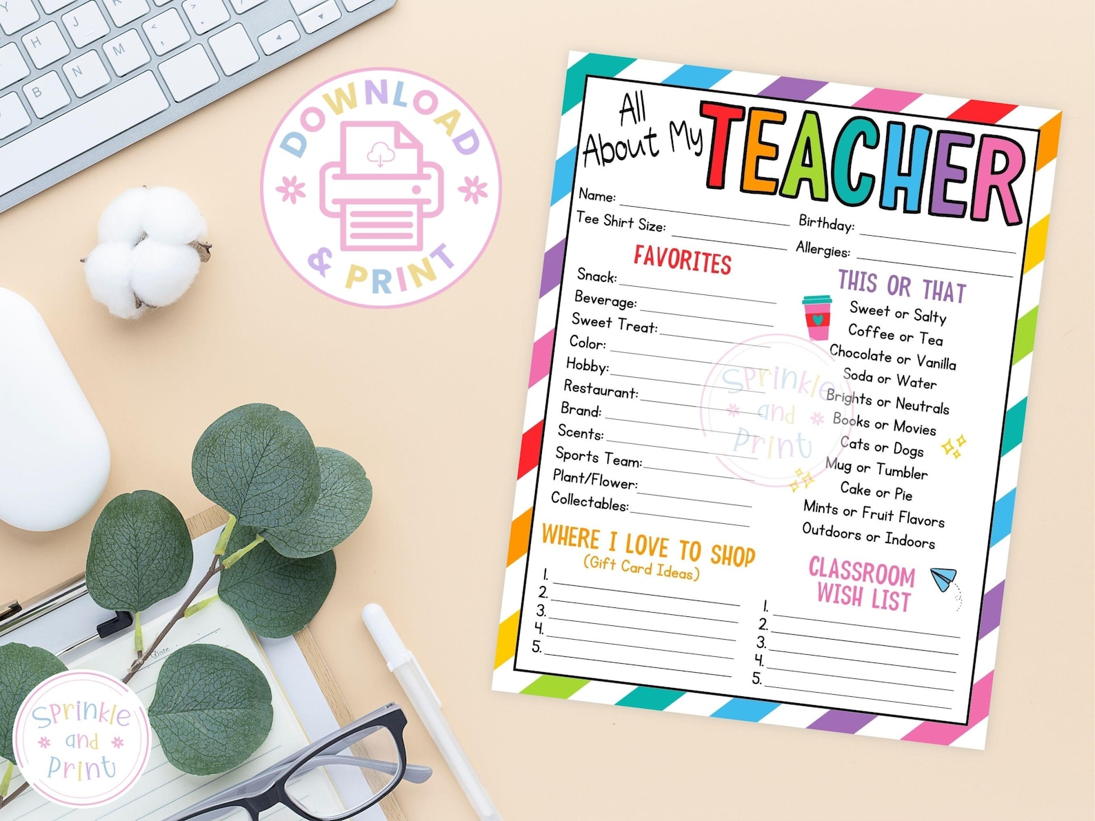 All About My Teacher Printable PDF, My Teacher Favorite Things, Teacher ...