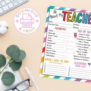 All About My Teacher Printable PDF, My Teacher Favorite Things, Teacher ...