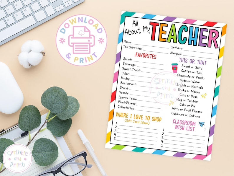 All About My Teacher Printable PDF, My Teacher Favorite Things, Teacher ...