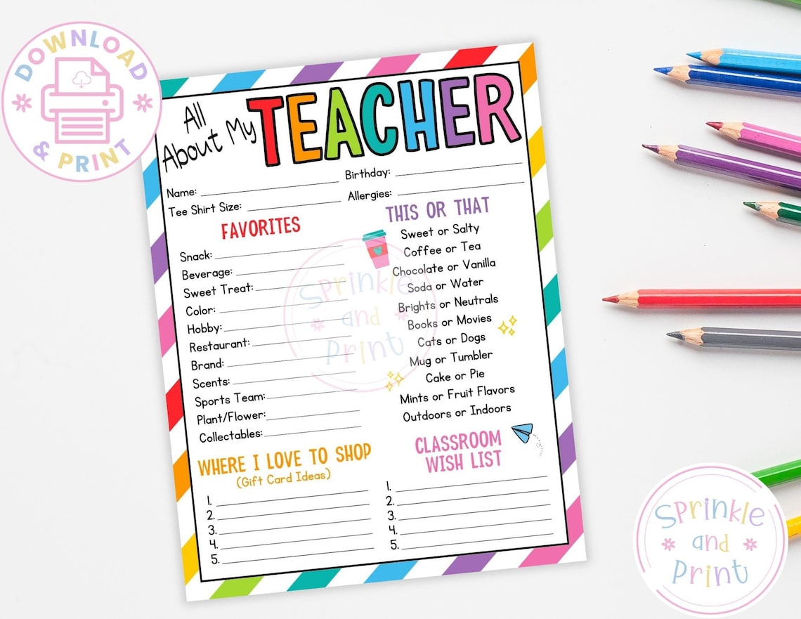 All About My Teacher Printable PDF, My Teacher Favorite Things, Teacher ...