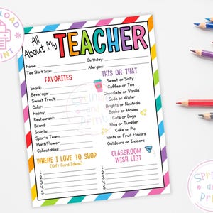 All About My Teacher Printable PDF, My Teacher Favorite Things, Teacher ...