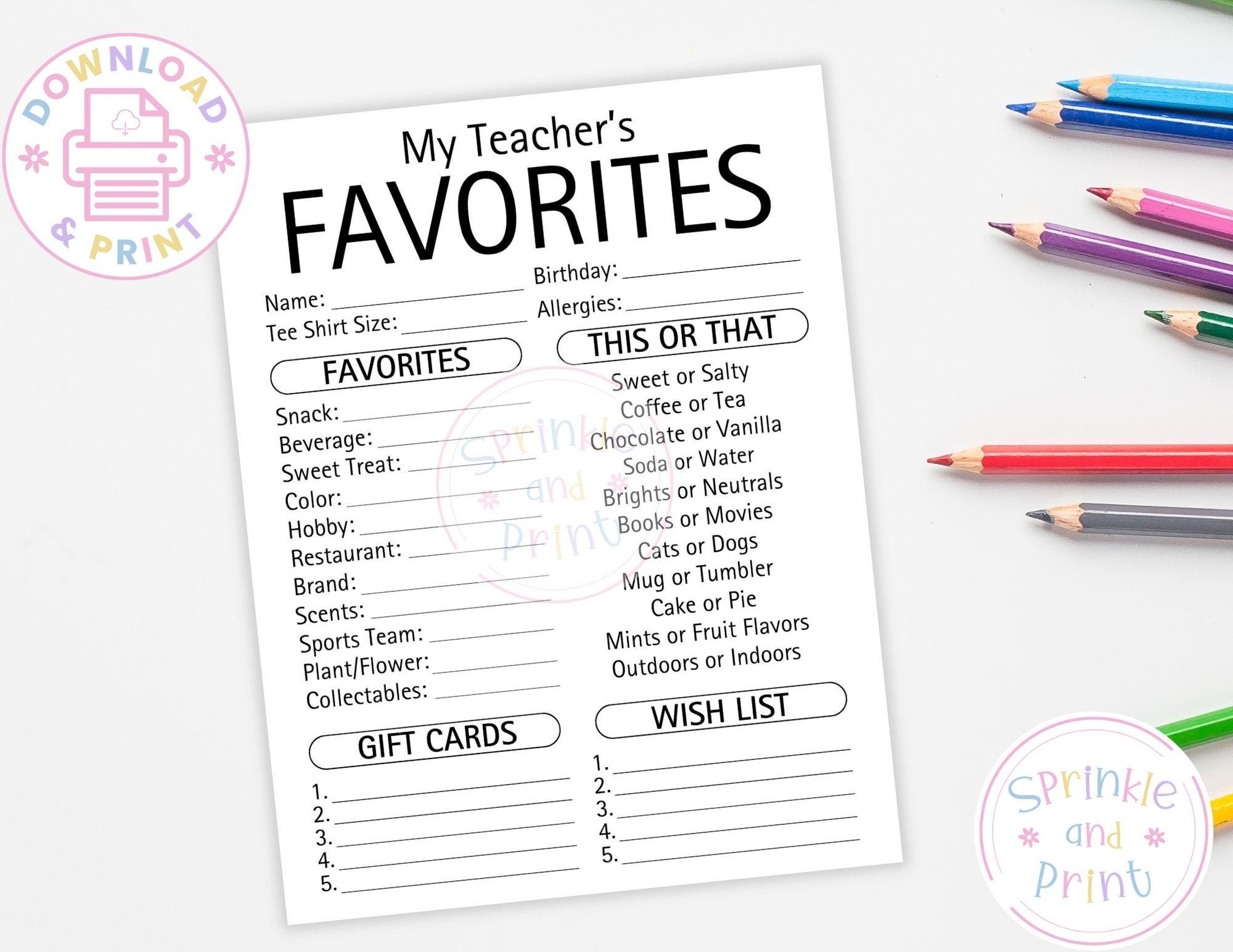 All About My Teacher Printable PDF, My Teacher Favorite Things, Teacher ...
