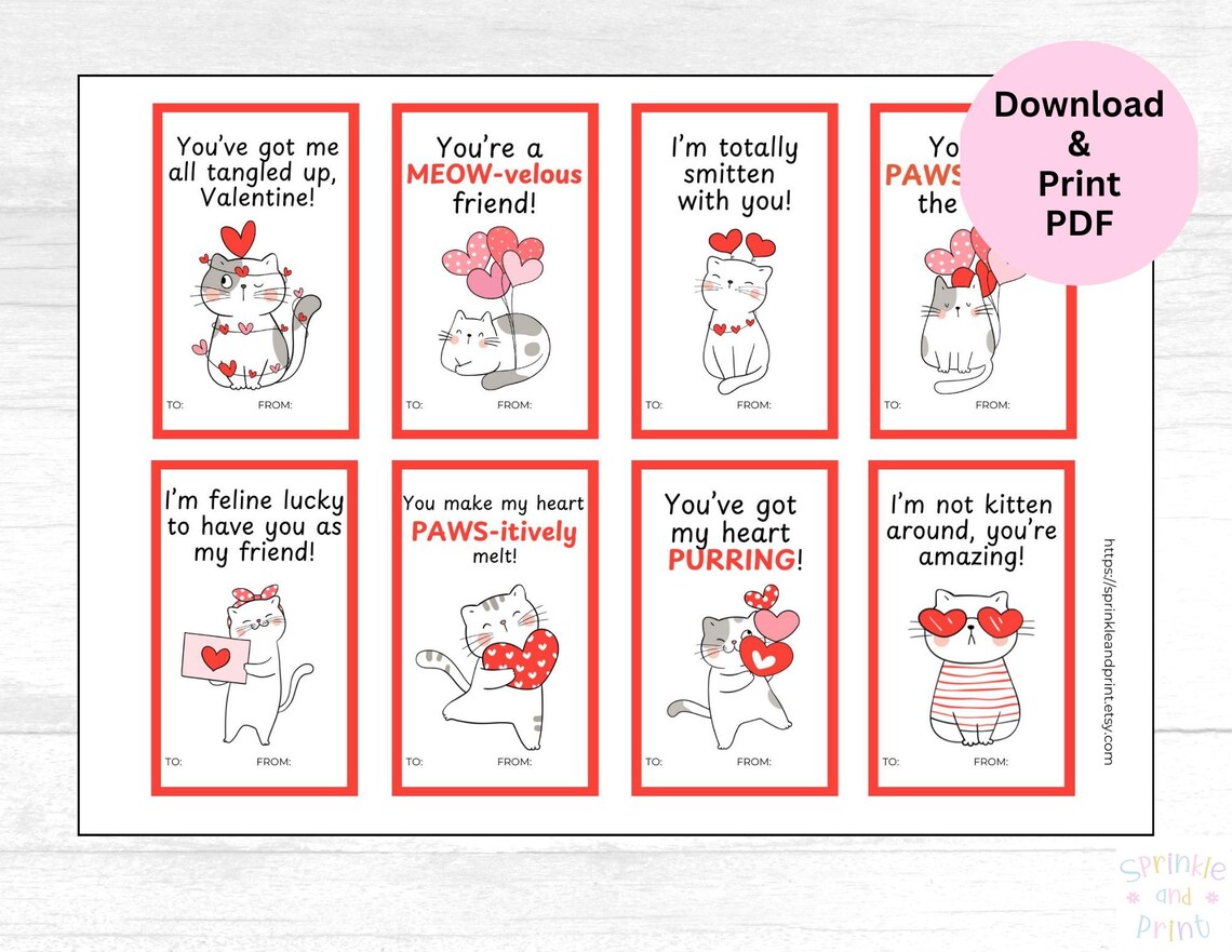 Valentines Day Cards for Kids Class Exchange, Cat Valentine Card, Funny ...
