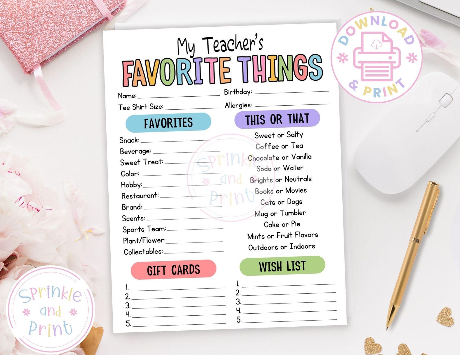 All About My Teacher Printable PDF, My Teacher Favorite Things, Teacher ...