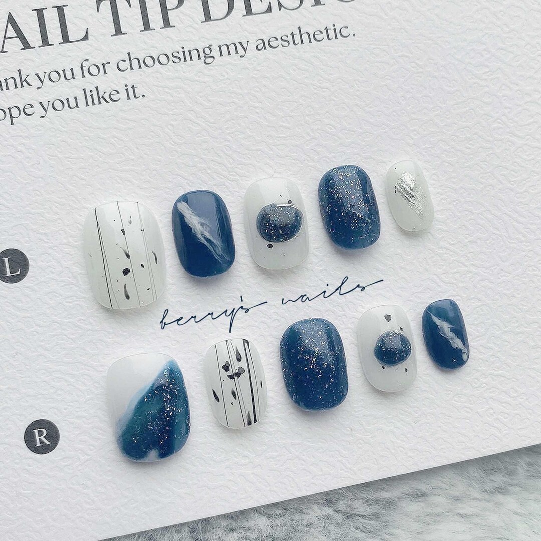 Cosmic Midnight Short Press-on Nails | Dark Blue & White Galaxy Nail ...