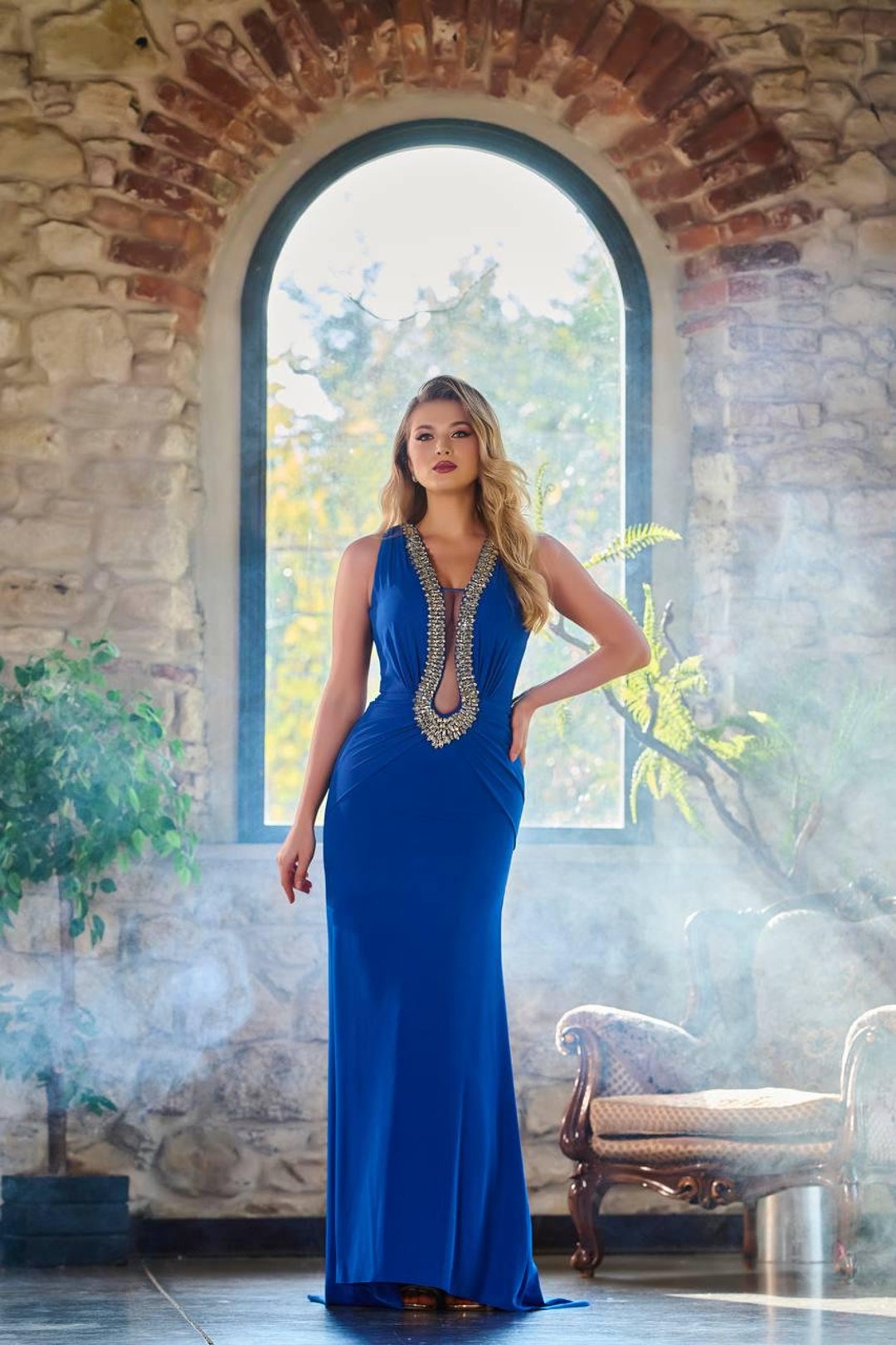Royal Sapphire Blue Evening Gown With Hand-embellished Crystal ...