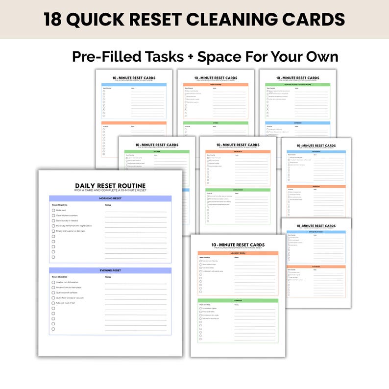 10 Minute Cleaning Reset Cards Printable, Cleaning Checklist Cards ...