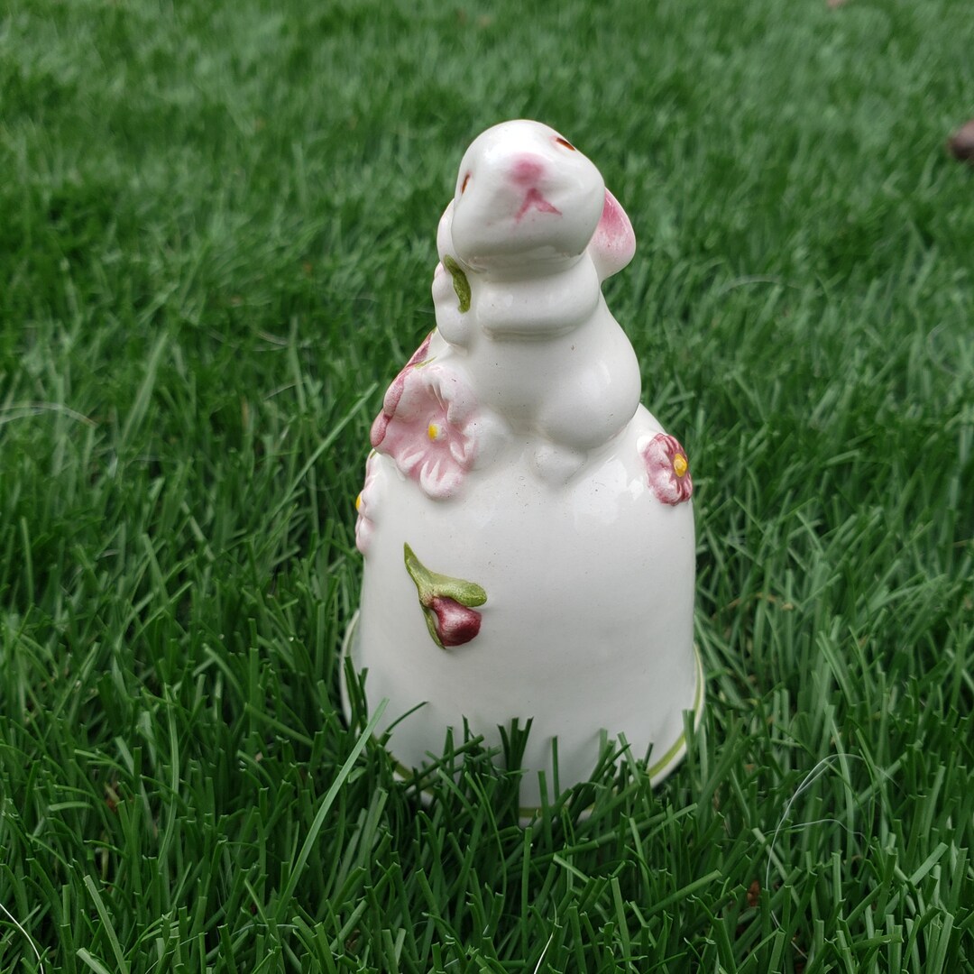 VINTAGE AVON Easter Bunny BELL Pink Green Flowers Ceramic Porcelain ...