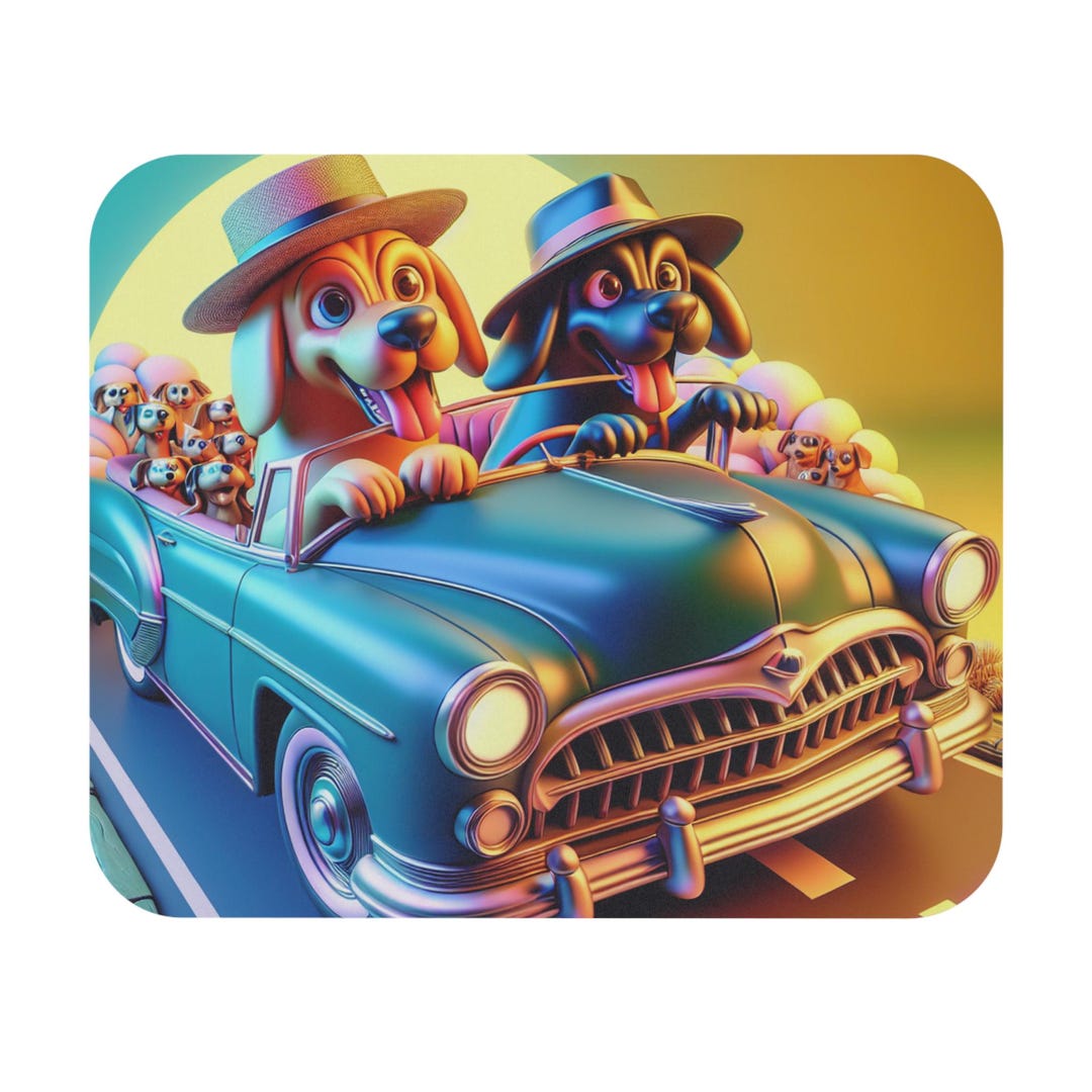 Funny Dogs Driving a Classic Car, Mouse Pad Dog Lover Gift, Office Desk ...