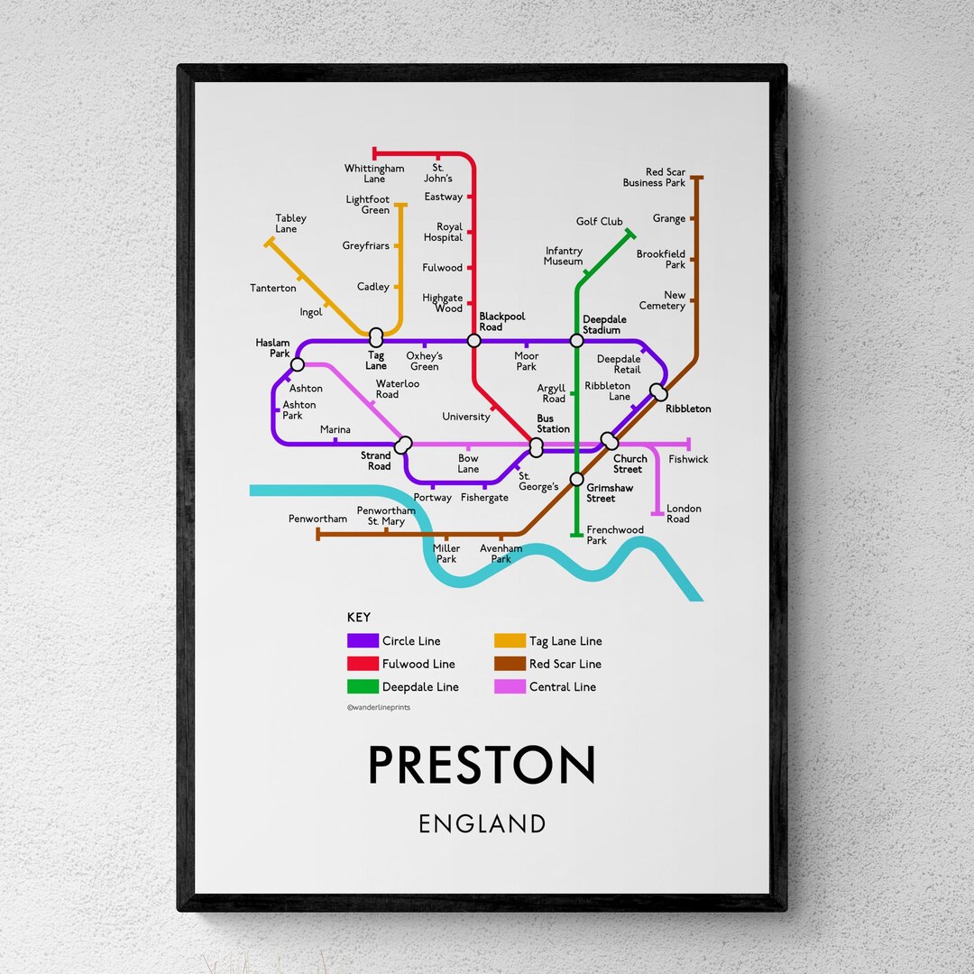 Preston Tube Map Print, Underground Street Map Wall Art Gifts ...