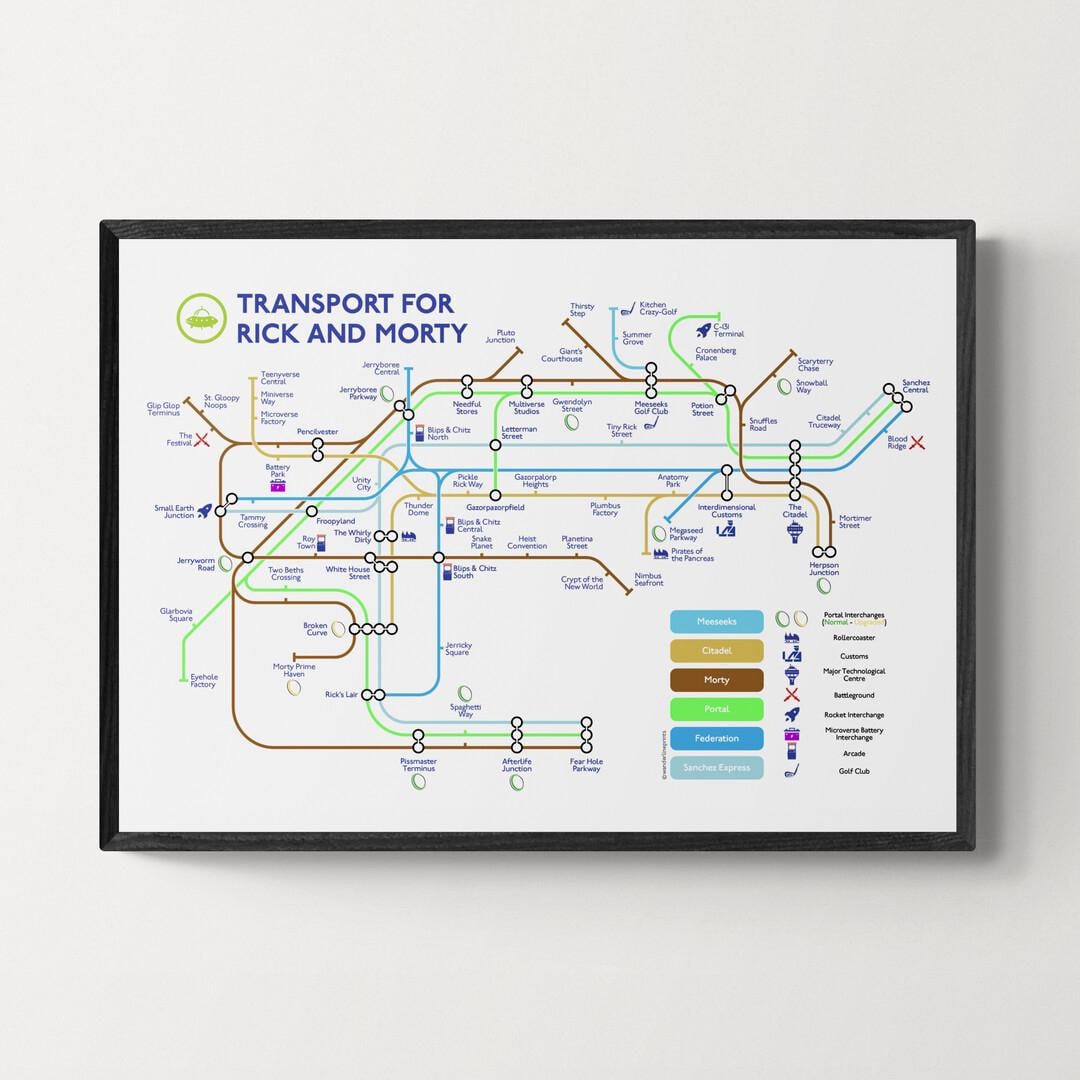 Rick and Morty Tube Map Print, A3 Poster Wall Art, Rick and Morty Gifts ...
