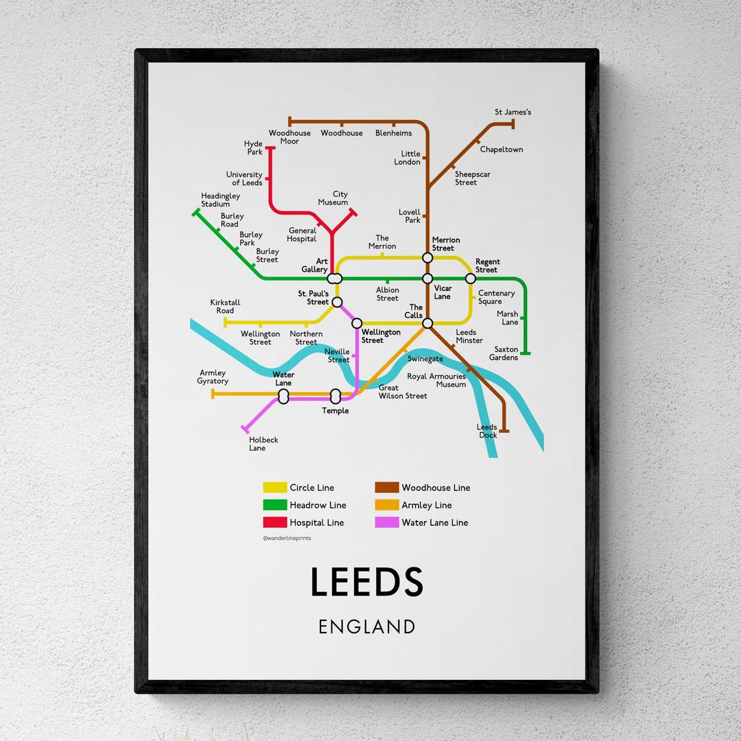 Leeds Tube Map Print, Underground Street Map Wall Art Gifts | Printable ...