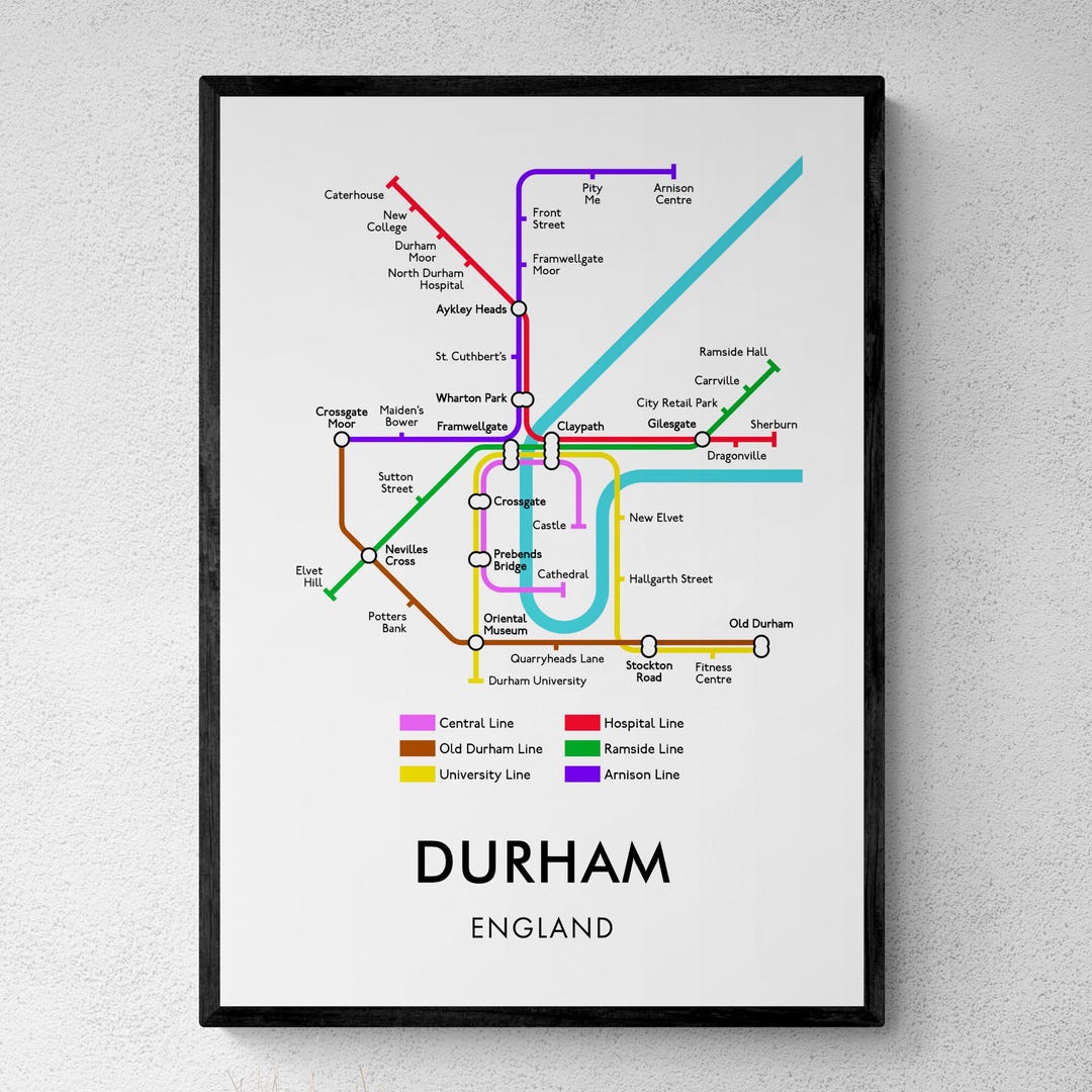 Durham Tube Map Print, Underground Street Map Wall Art Gifts ...