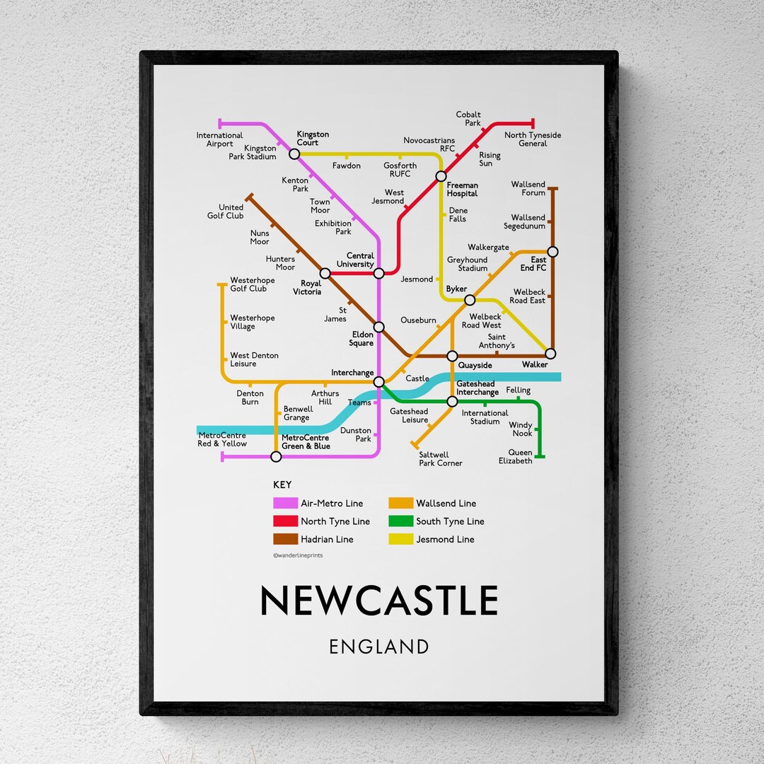Newcastle Tube Map Print, Underground Street Map Wall Art Gifts ...