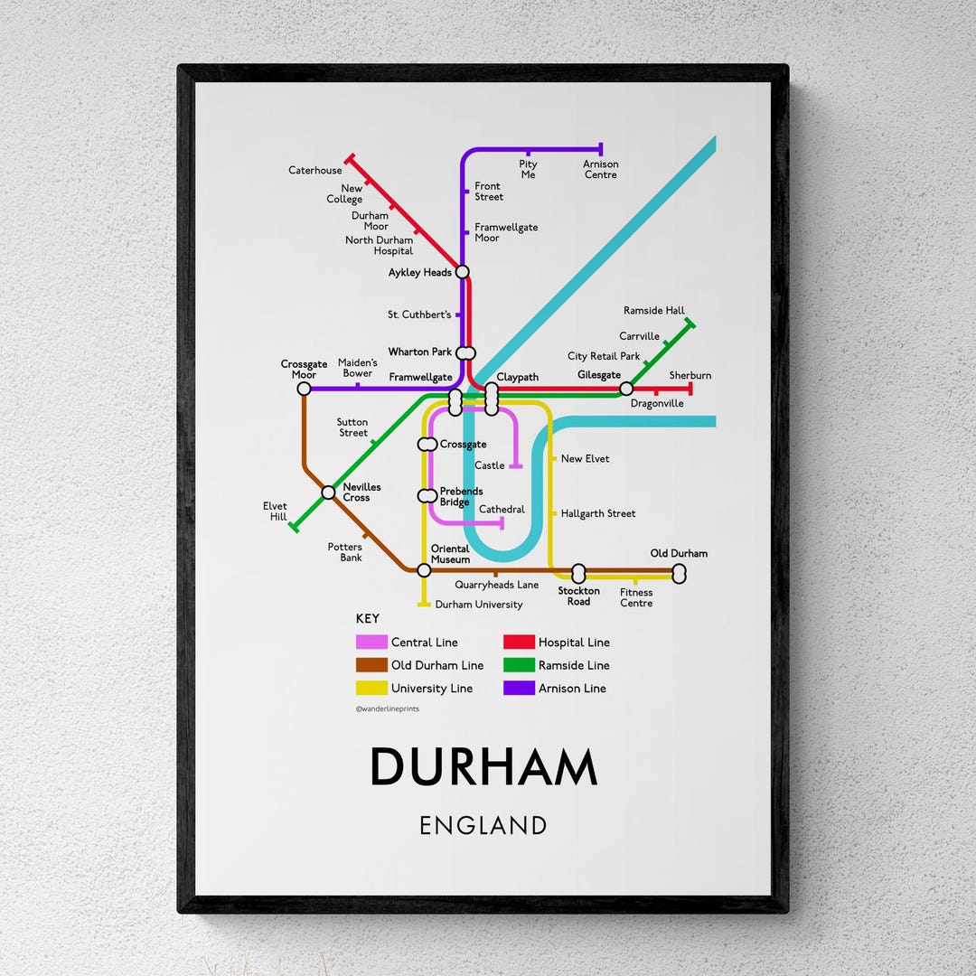 Durham Tube Map Print, Underground Street Map Wall Art Gifts Printable ...